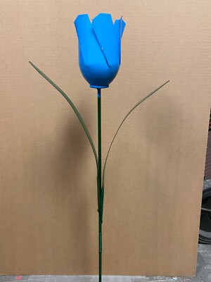 recycled metal flower bright blue tulip garden stake yard spring color ...