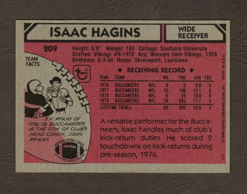 1980 Topps Football Card #209 Isaac Hagins - Tampa Bay Buccaneers | eBay
