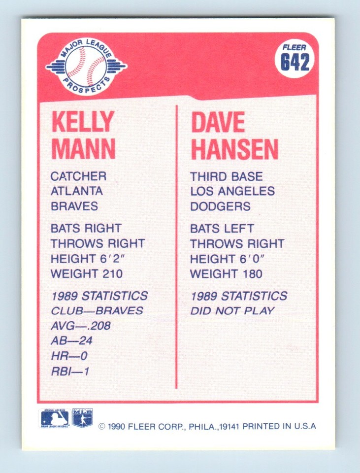 1990 Fleer Kelly Mann/Dave Hansen Rookie Atlanta Braves /Los Angeles ...