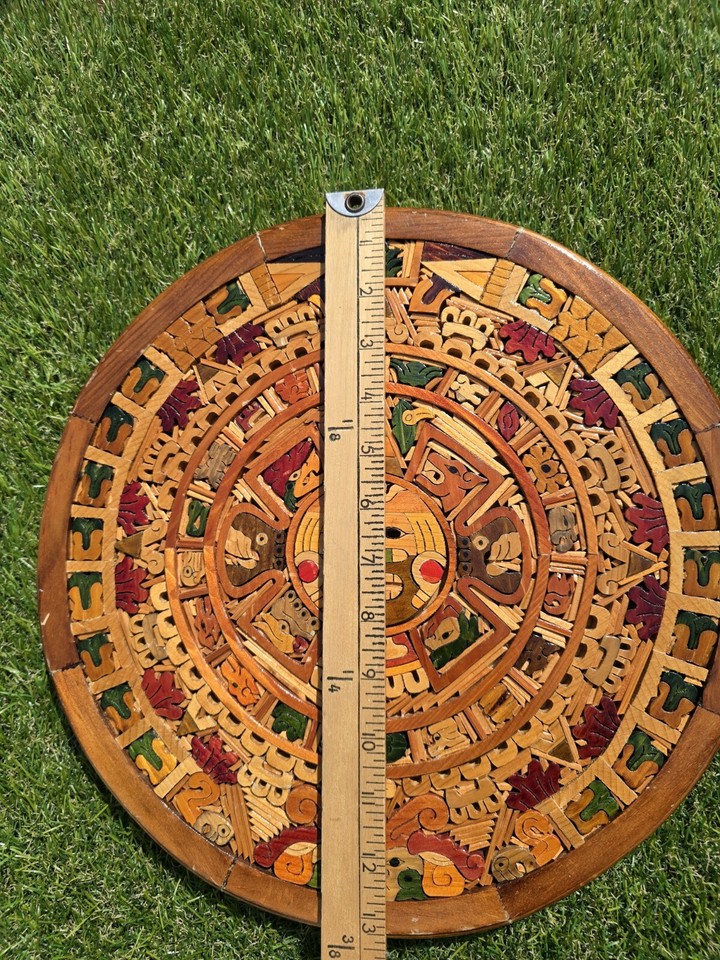 Vintage 13" Wood Aztec Mayan Mexico Calendar Wall Art Hand Carved Inlay ...
