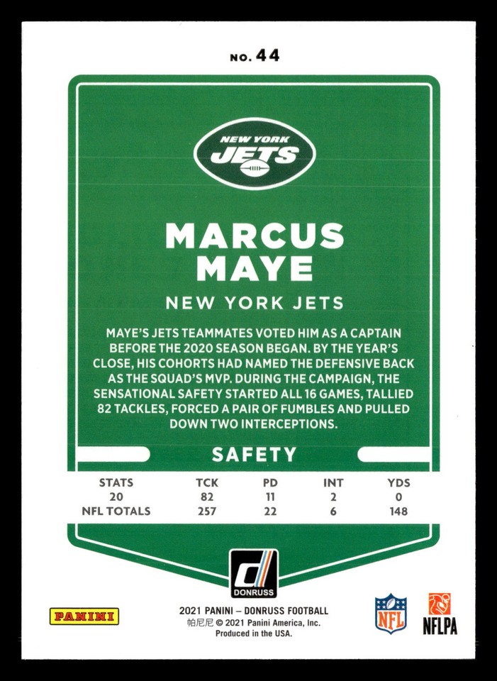 Marcus Maye 2021 Donruss #44 New York Jets Buy10get5FREE | eBay