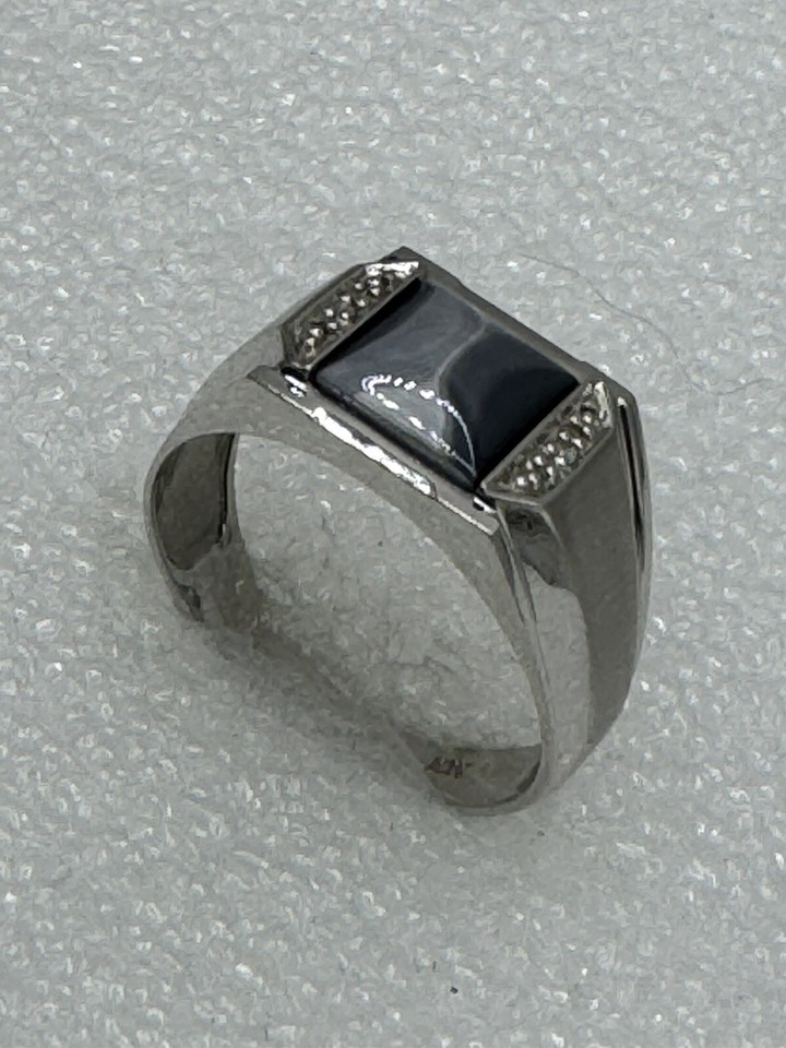 VINTAGE 10K WHITE GOLD DIAMOND 8X8mm BLUE GRAY CATS EYE MENS RING 10.25 ...