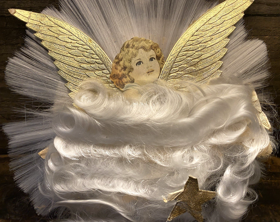 VINTAGE NATIONAL TINSEL SPUN GLASS ANGEL TREE TOPPER SCRAP PAPER FACE ...