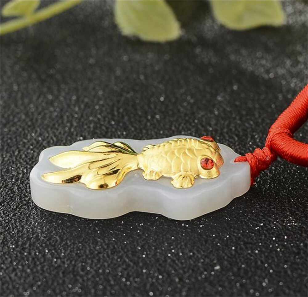 Natural HeTian Jade Solid Gold Carved Gem GoldFish Lucky Pendant Amulet ...