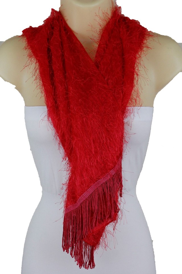 Women Red Color Soft Fabric Long Fringes Fashion Scarf Wrap Neck Tie ...