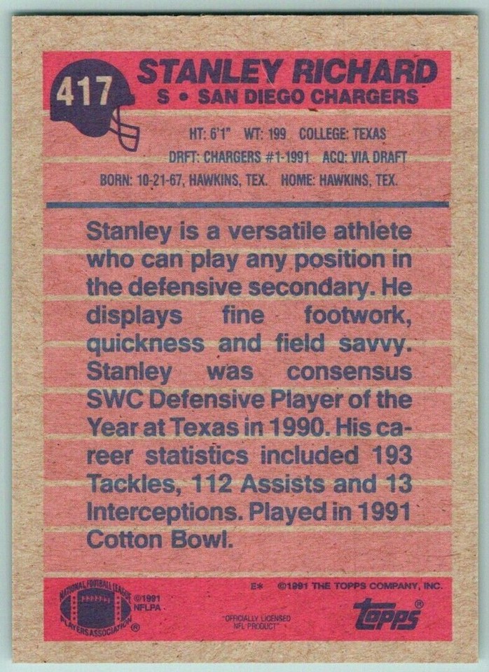 1991 TOPPS 😎 NFL Football DRAFT PICK #417 - Stanley Richard, San Diego ...