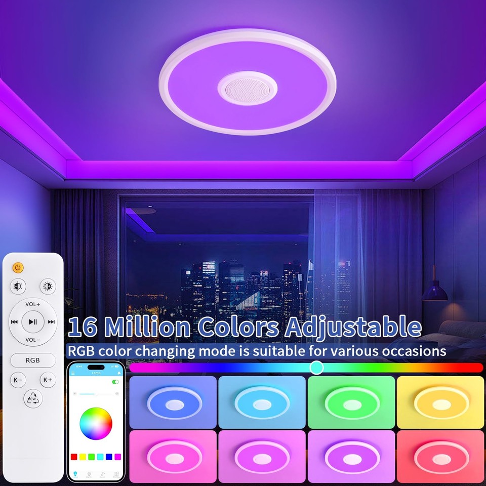 RGB Ceiling Light, with Bluetooth Speaker, 24W 11Inch Music Ceiling ...