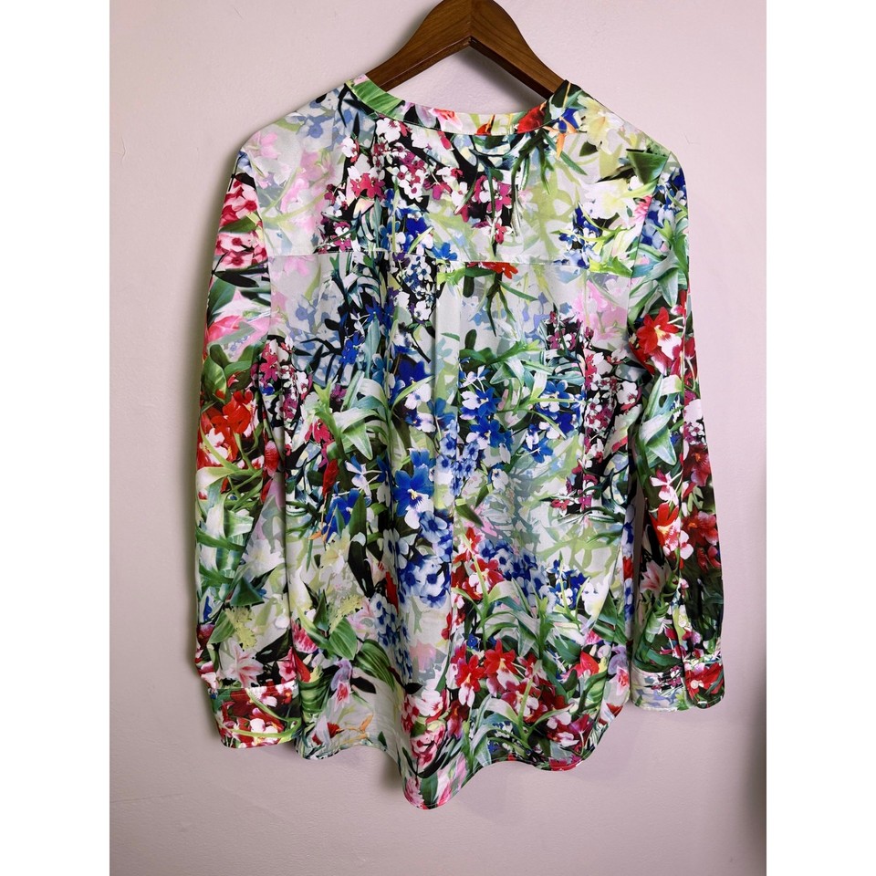 Talbots Floral Split Neck Blouse Large Colorful Garden Print Long ...