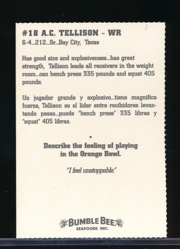 1994 Bumble Bee Miami Hurricanes AC Tellison #18 signed auto autograph ...