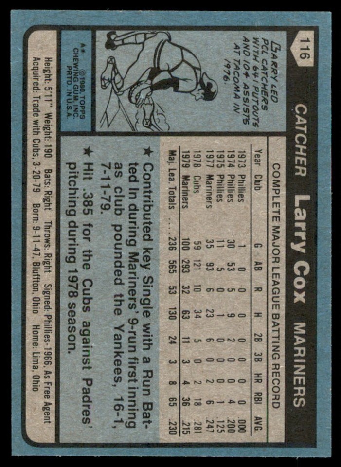 1980 Topps #116 Larry Cox Mariners *7167 | eBay