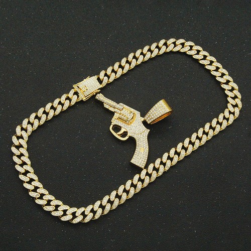 18K Gold/Silver Plated Pistol Bling Gun Pendant & 20"-36" Cuban Chain ...