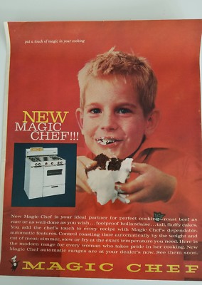 1961 white Magic Chef kitchen stove boy eating chocolate cake ad | eBay