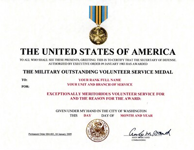 The Military Outstanding Volunteer Service Medal Certificate Army Navy ...