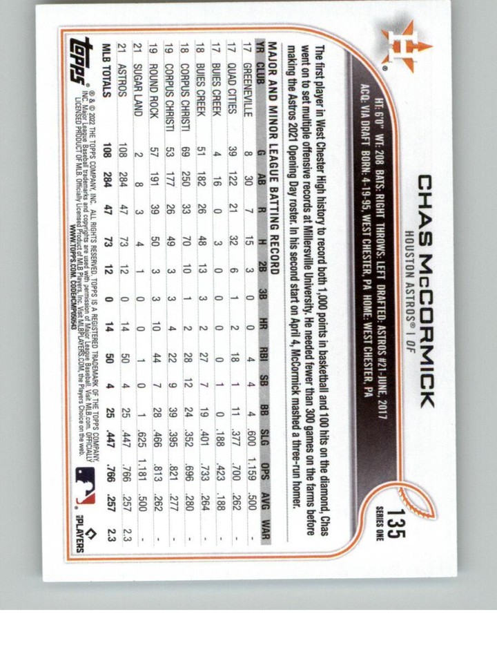 2022 Topps Chas McCormick 135 Rookie Card RC Houston Astros | eBay