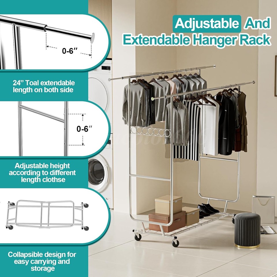 600lbs Heavy Duty Collapsible Clothes Hanger Rolling Garment Shelf Rack ...
