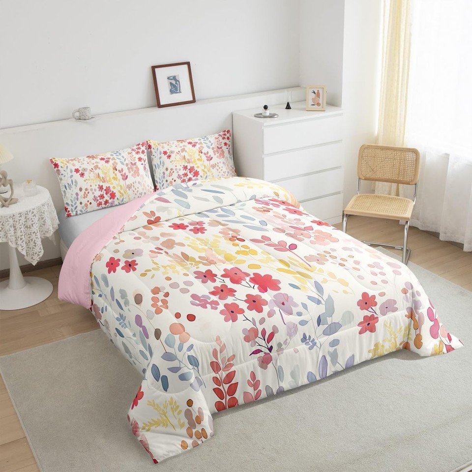 Cute Red Floral Comforter Set Queen Size,Boho Colorful Flower Bedding ...
