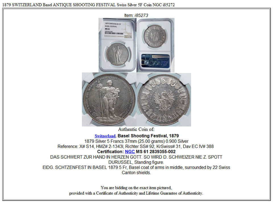 1879 SWITZERLAND Basel ANTIQUE SHOOTING FESTIVAL Swiss Silver 5F Coin ...