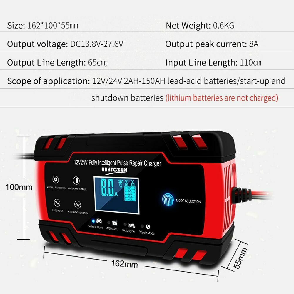 Car Battery Charger 12/24V 8A Intelligent Automatic Pulse Repair ...