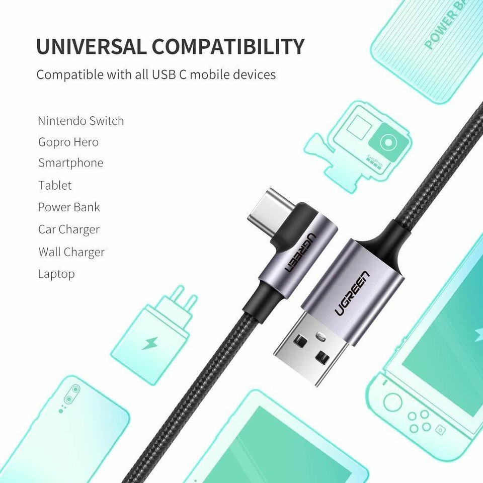 Ugreen Right Angle USB C Fast Charger Cable 18W 3A Charging Data 0.5m ...