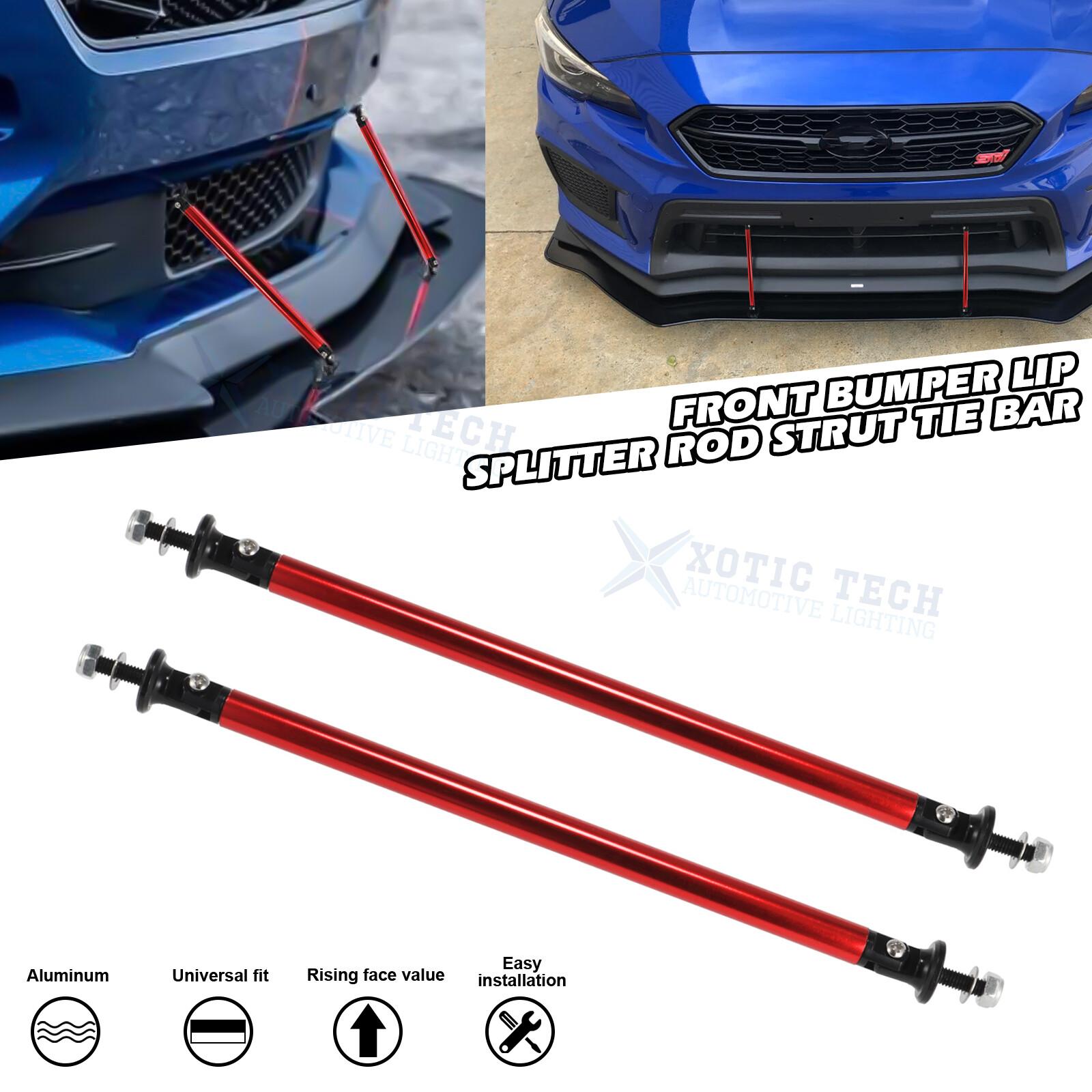 2x Universal Sporty Red Aluminum Front Bumper Lip Strut Rod Tie Bar ...