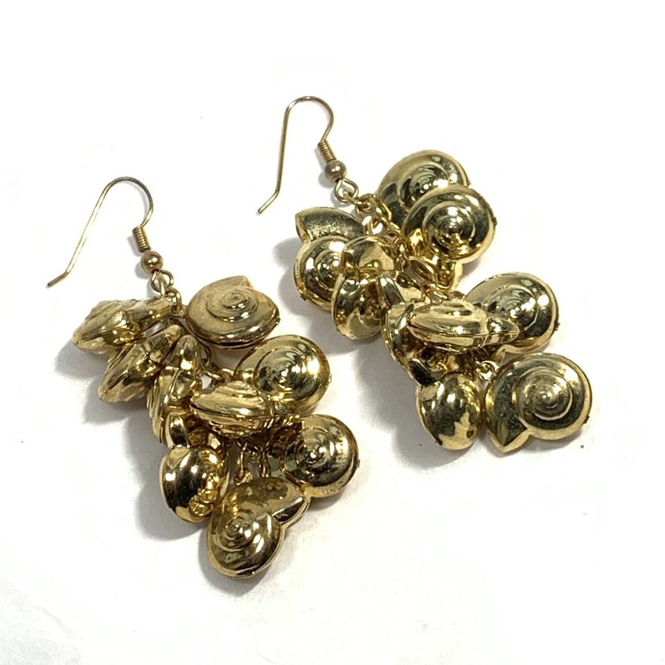 VINTAGE Gold Tone Spiral Shell CHA CHA EARRINGS Chain Cluster Seashell ...