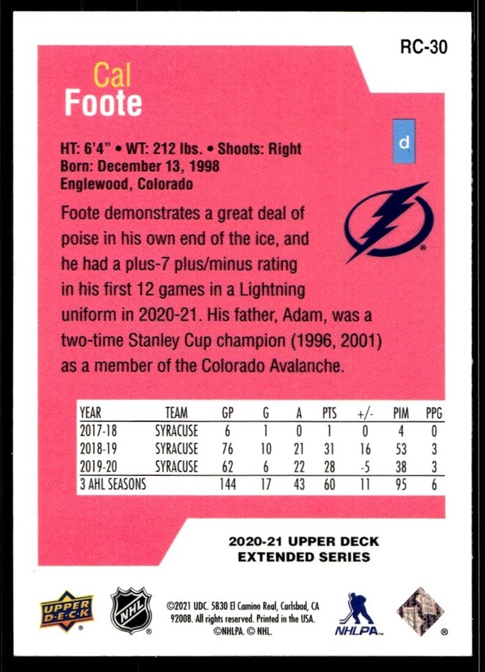 2020-21 Upper Deck Rookie Class SE Cal Foote Rookie G66 Tampa Bay ...