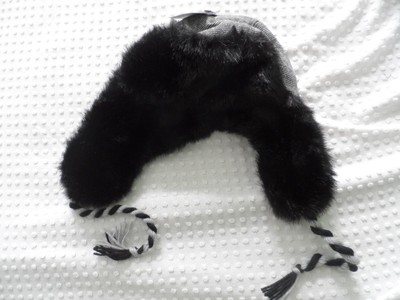 NEW Adult Faux Black Fur Hunters Hat with Ear Flaps in Back and Gray ...