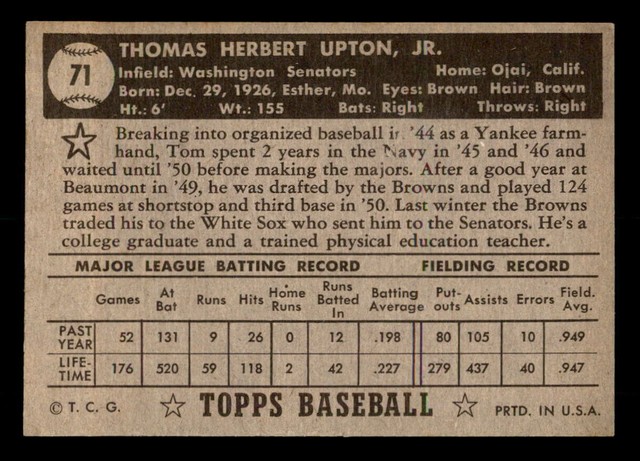 1952 Topps - Black Back #71 Tom Upton (RC) for sale online | eBay