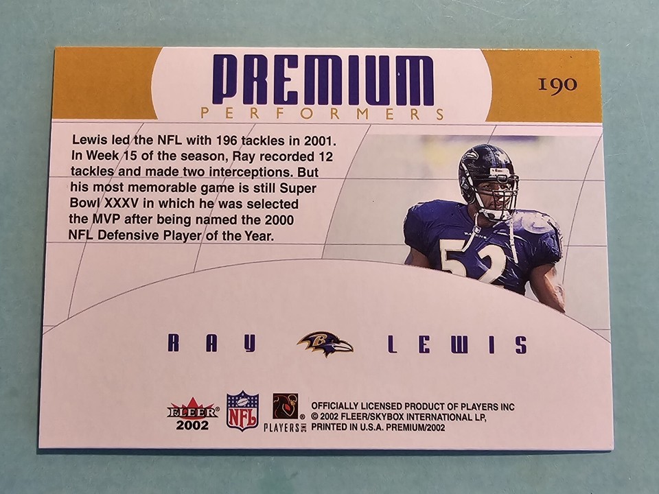 2002 Fleer Premium RAY LEWIS #190 Premium Performers Insert Baltimore ...