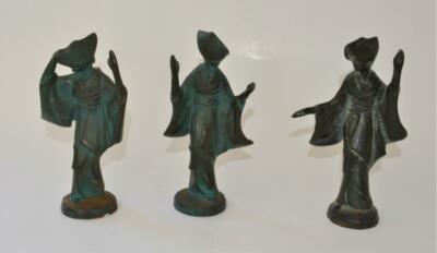 Vintage set of 3 Cast Iron Dancing Geisha 6.5" statues in James Mont ...