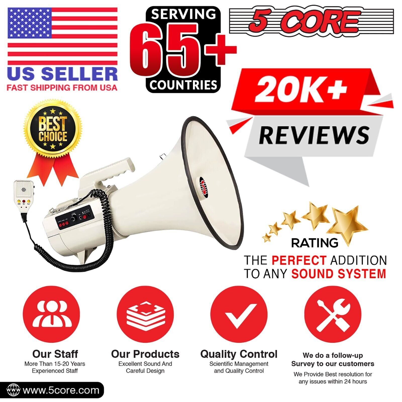 5 Core 75W Professional Megaphone Bullhorn Cheer Horn Mic Recording ...