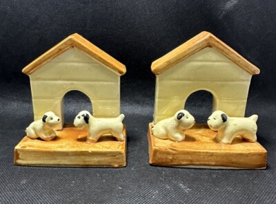 Vintage Pair of Ceramic Puppy Dog House Brown Bookends Made In Japan ...
