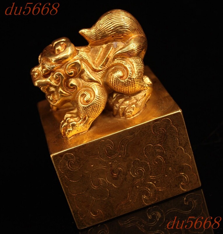 4"bronze 24k gold Gilt Kirin Unicorn Kylin Chi-lin Qilin Beast seal ...