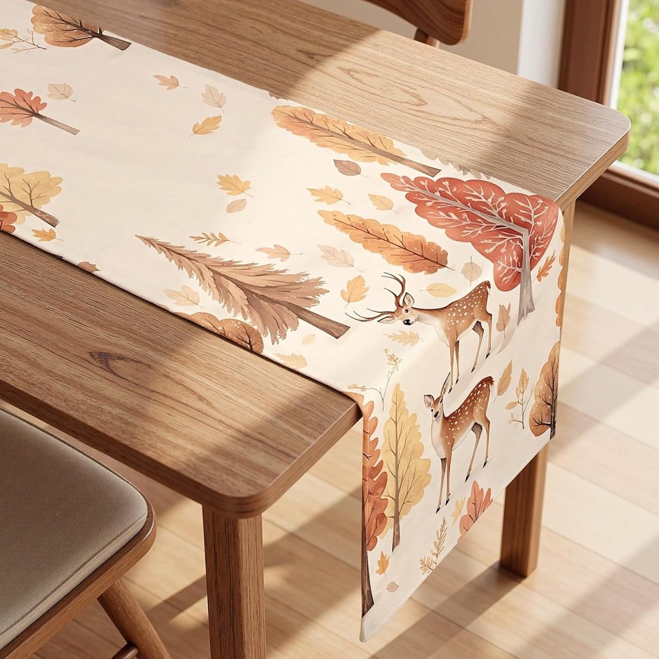 Fall Table Runner with Rustic Deer in Autumn Forest,Thanksgiving ...