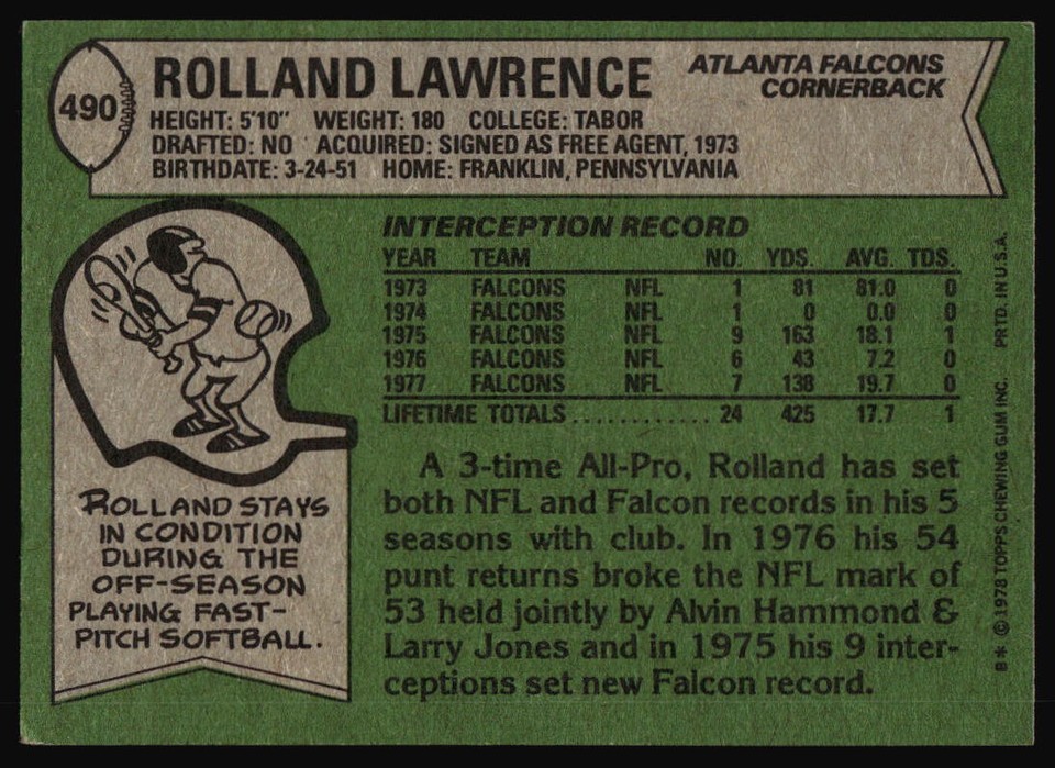 1978 Topps Rolland Lawrence #490 Atlanta Falcons | eBay