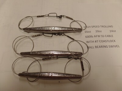 3 High Speed Wahoo Inline Trolling Weight 16 20 24 oz 600lb SS Cable ...
