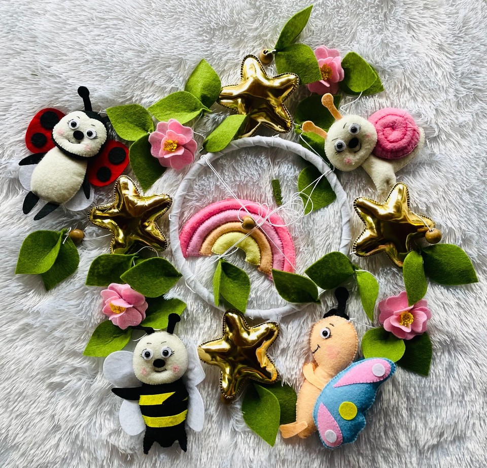 Baby mobile handmade rainbow & bugs, bee and star nursery cot mobile | eBay