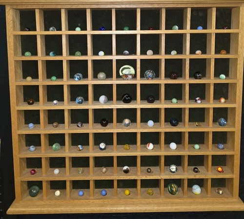 72 VINTAGE Marbles & Wood Display NICE! 26" x 23" Hardwood .5"-2" Blown ...