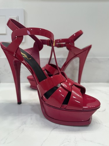 YSL Yves Saint Laurent tribute Pink patent platform sandals high heel ...