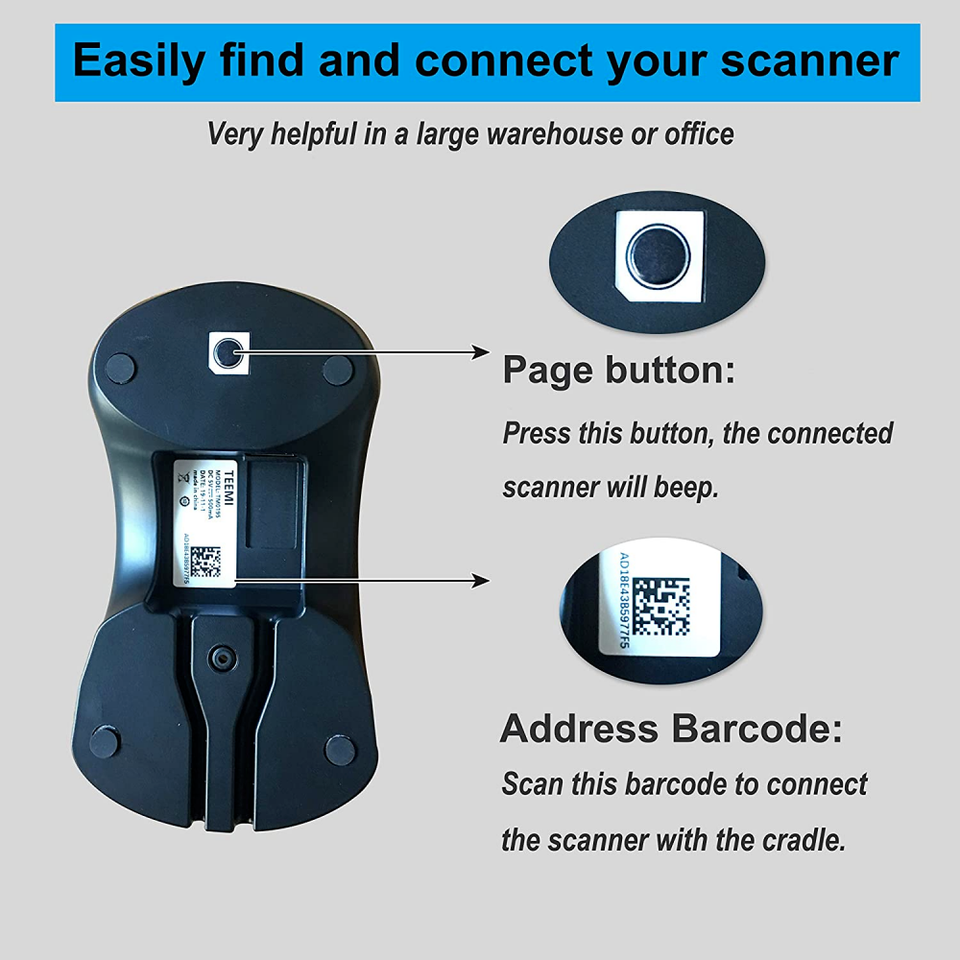 TEEMI Bluetooth Barcode Scanner with USB Charging Cradle Data Receiver ...