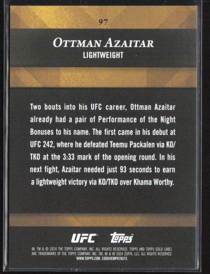 2024 Topps Gold Label UFC #97 Ottman Azaitar Class 2 Blue #/99 | eBay