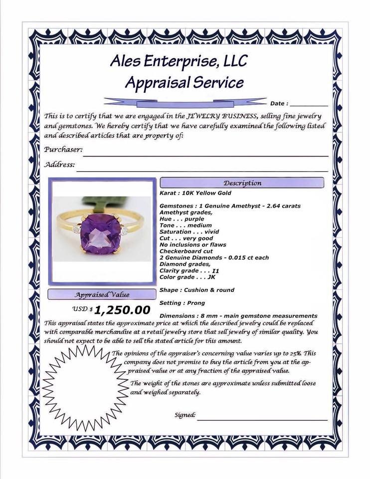 GENUINE 2.64 Cts AMETHYST & DIAMOND RING 10K GOLD - Free Certificate ...