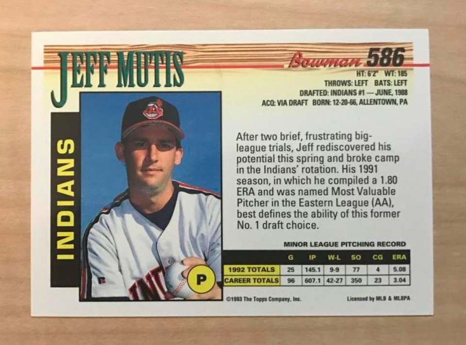 JEFF MUTIS CLEVELAND INDIANS SIGNED AUTOGRAPHED 1993 BOWMAN CARD #586 W ...