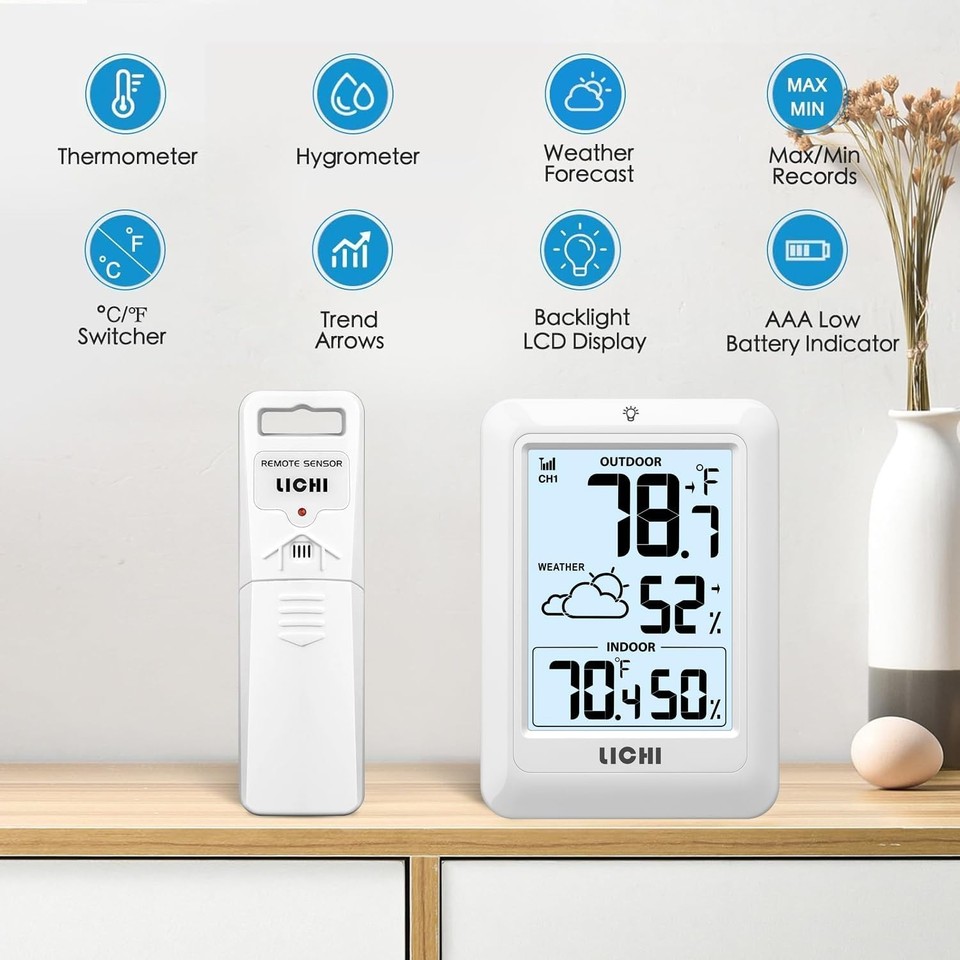 Indoor Outdoor Thermometer Wireless Weather Station, Internal External ...