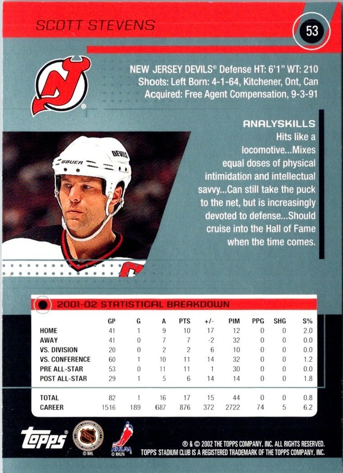 2002 Stadium Club Scott Stevens #53 New Jersey Devils Hockey Card | eBay