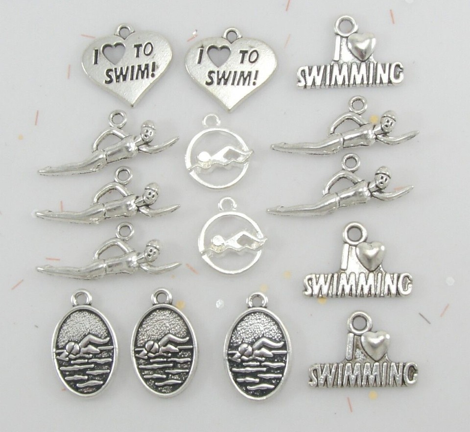 I LOVE SWIMMING Charms 3 Dimensional Swimmers Sports Silver-tone Mixed ...