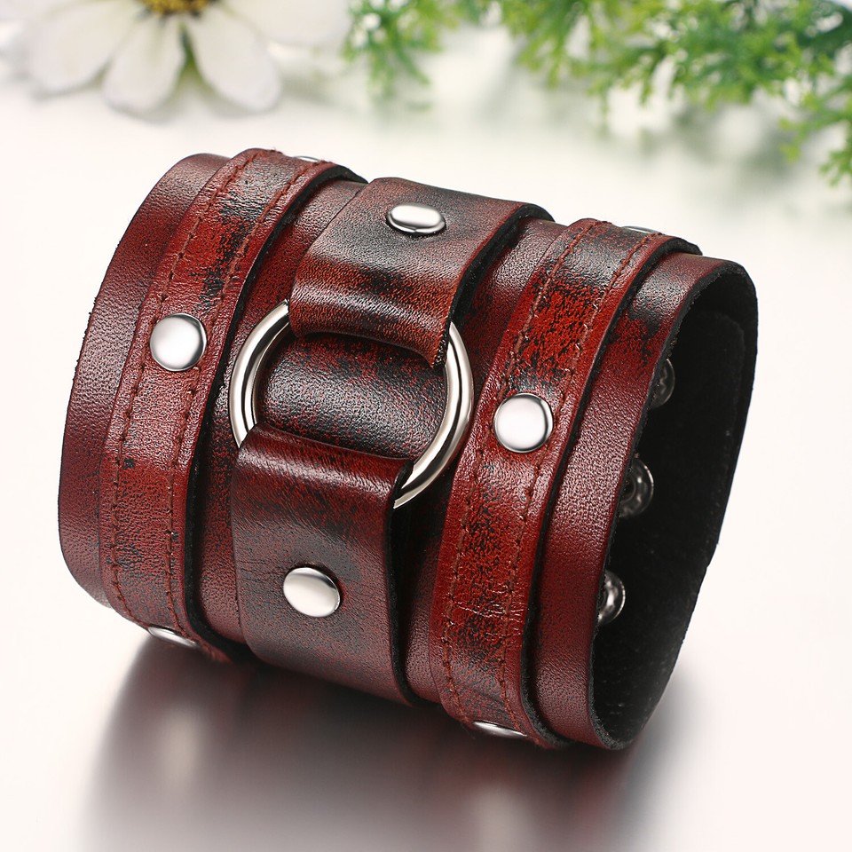 Men's Punk Rocker Biker Gothic Heavy Wide Leather Straps Wristband Cuff ...