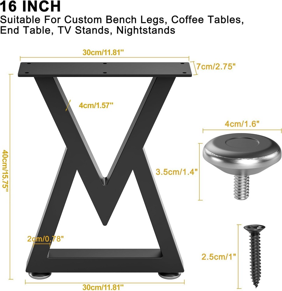 2 PCS 16 Inch Metal Coffee Table Legs Black Bench VType 40x30 cm DIY ...