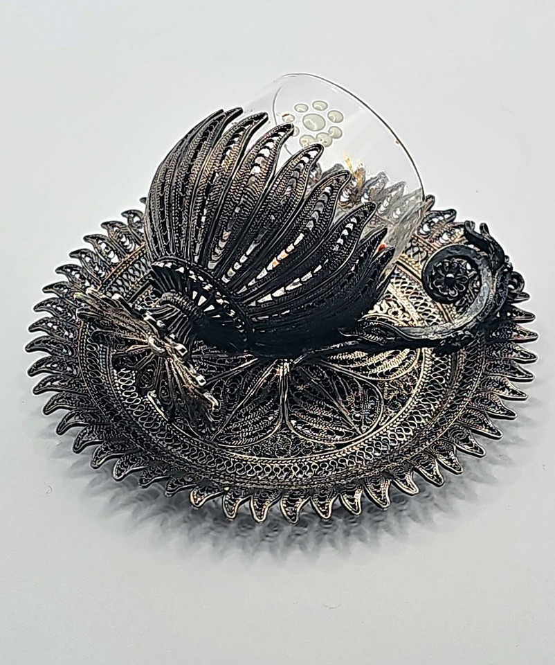 Antique Ottoman Turkish Filigree Silver Zarf Cup & Saucer With Glass ...