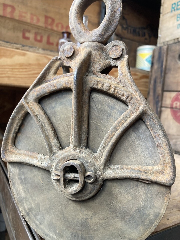 Antique Cast Iron Wood Wheel Pulley Block Tackle Vintage Metal Farm ...